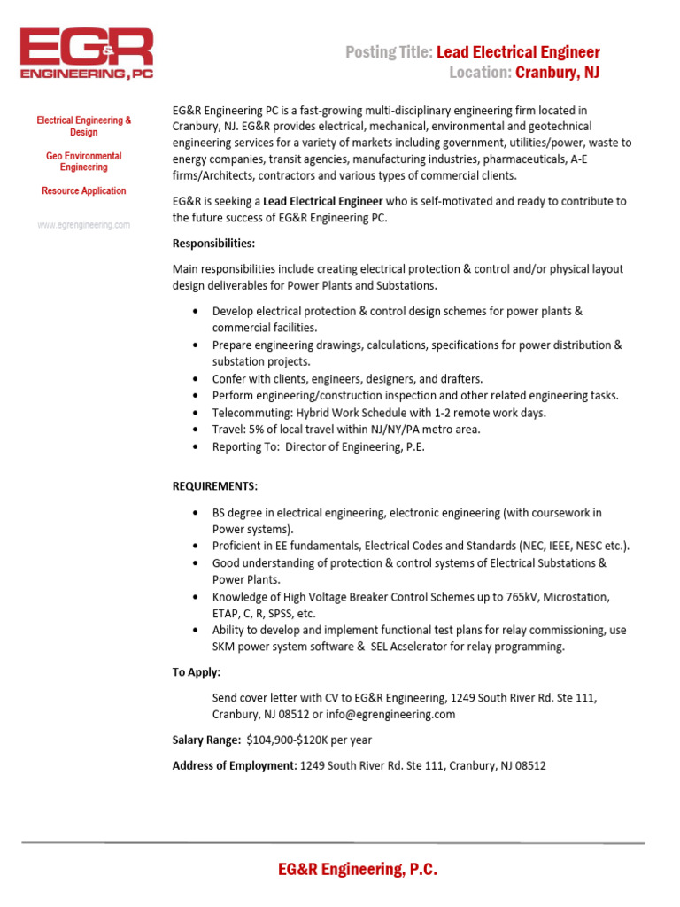 Lead Electrical Engineer Job Description v2 1 1 | PDF | Engineering ...