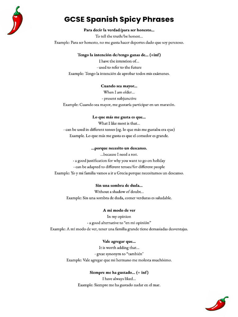 GCSE Spanish Spicy Phrases - Astarspanish | PDF