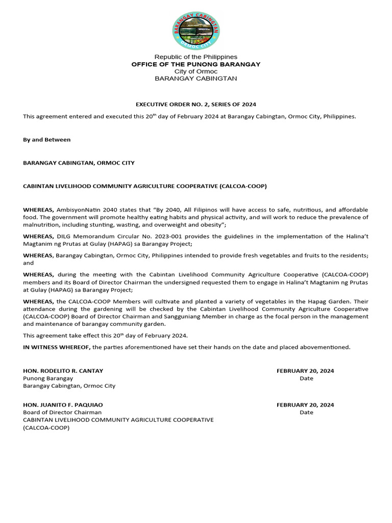 Barangay Cabingtan HAPAG Project Agreement | PDF | Health Promotion | Malnutrition