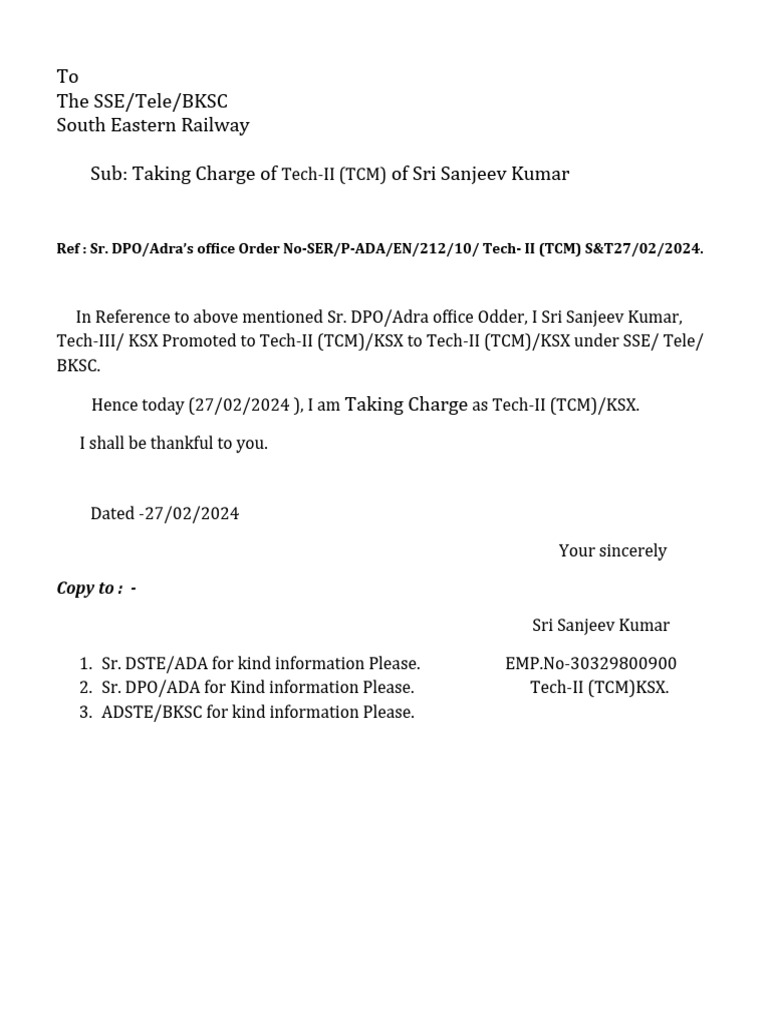 To The SSE/Tele/BKSC South Eastern Railway Sub: Taking Charge of of Sri ...