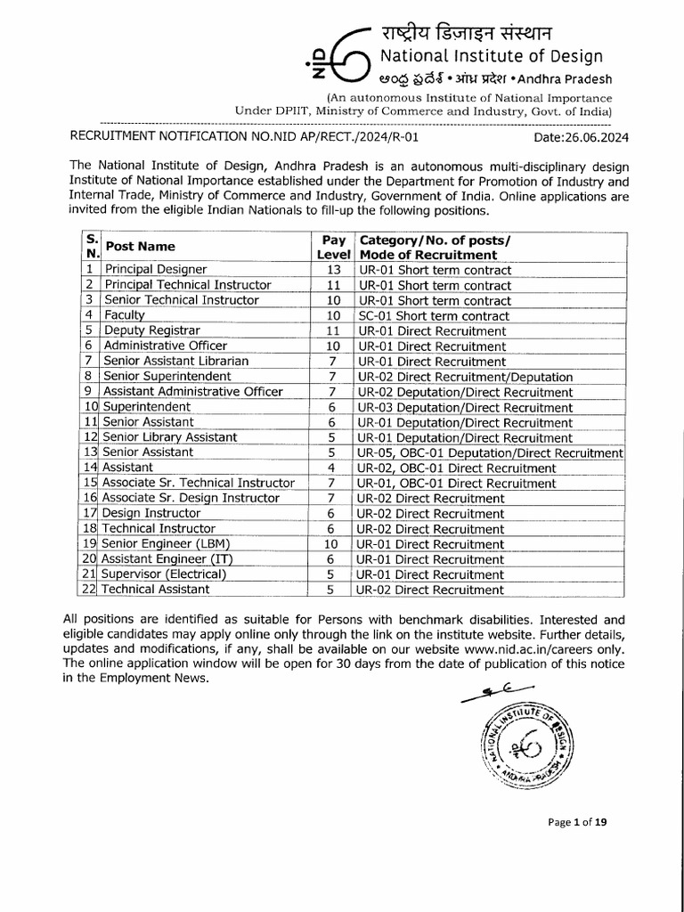 NID Andhra Recruitment Notification | PDF | Postgraduate Education | Academic Degree