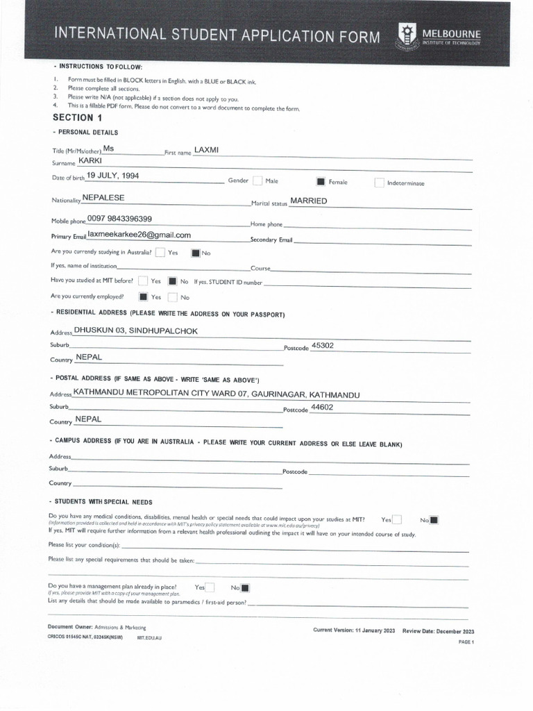 Application Form MIT - Laxmi Karki | PDF