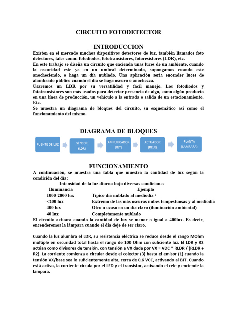 Circuito Fotodetector para Iluminación Automática | PDF | Electrónica ...