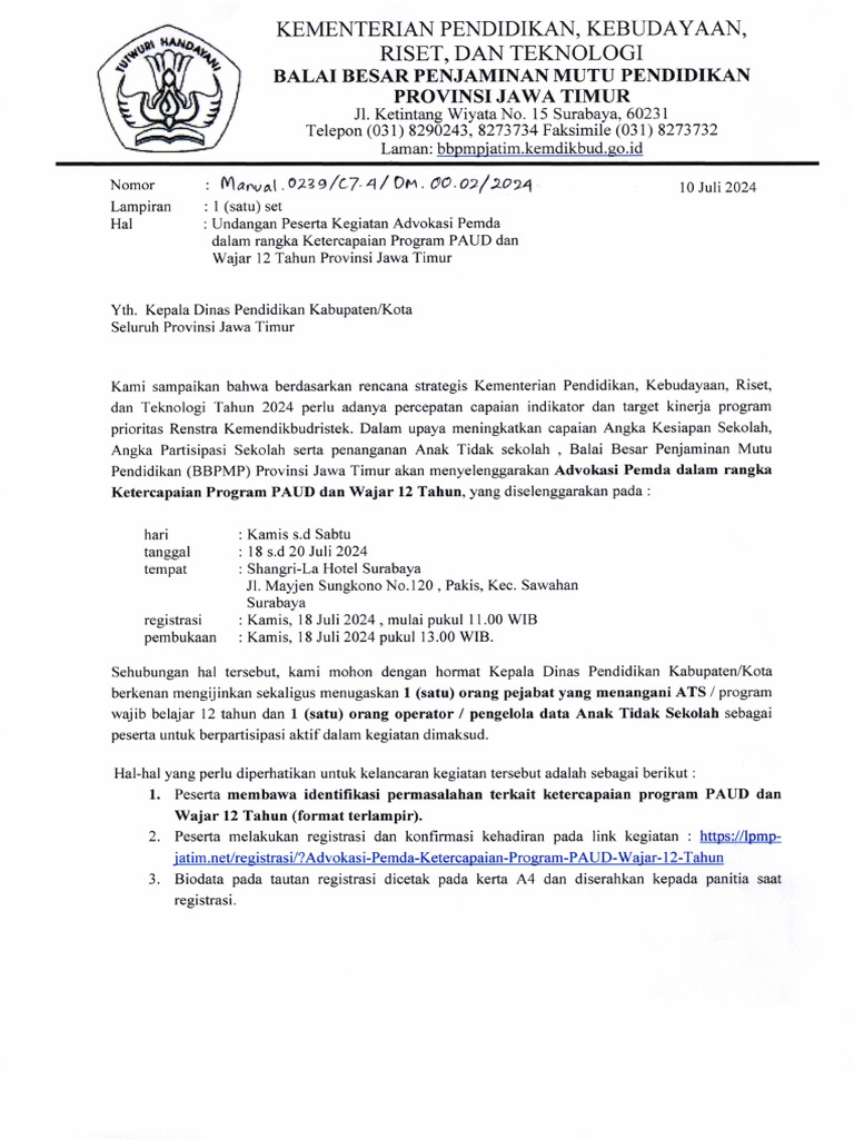 Surat Undangan Dinas Pendidikan KabKota - 18 Juli | PDF