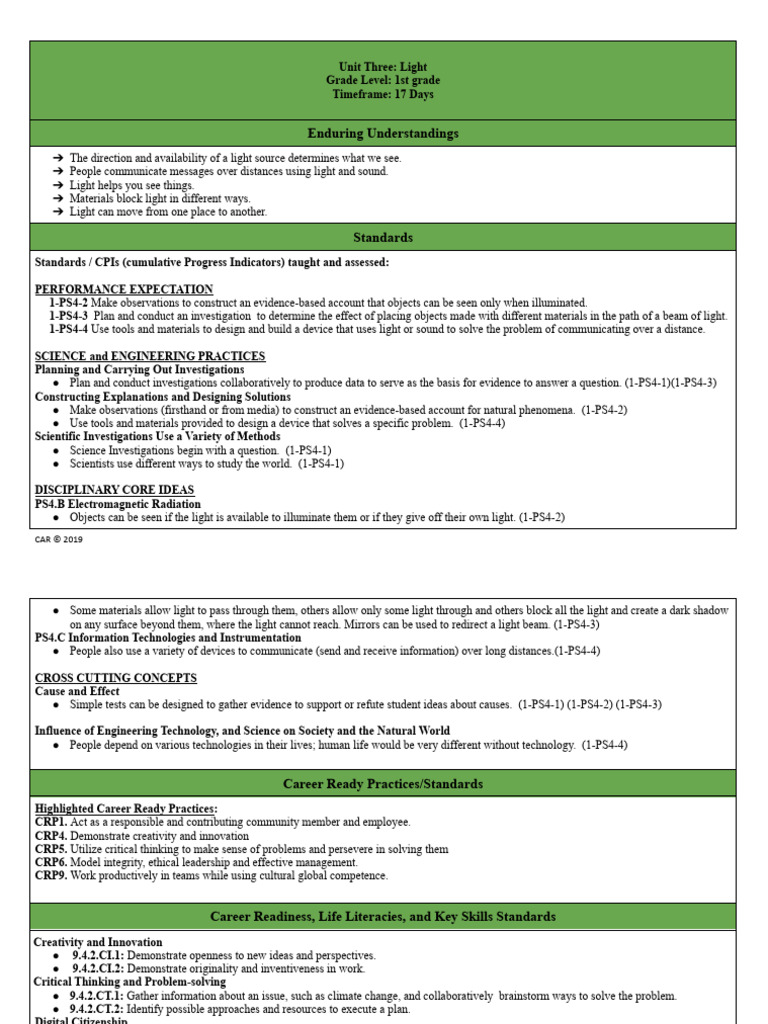 2022-23 Unit 3 - 1st Grade Science Curriculum | PDF | Light | Thought