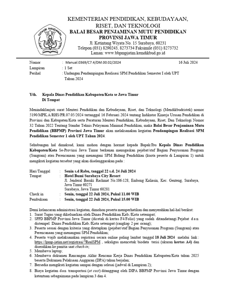 01.surat Pendampingan Realisasi SPM Pendidikan Semester I - Dinas | PDF