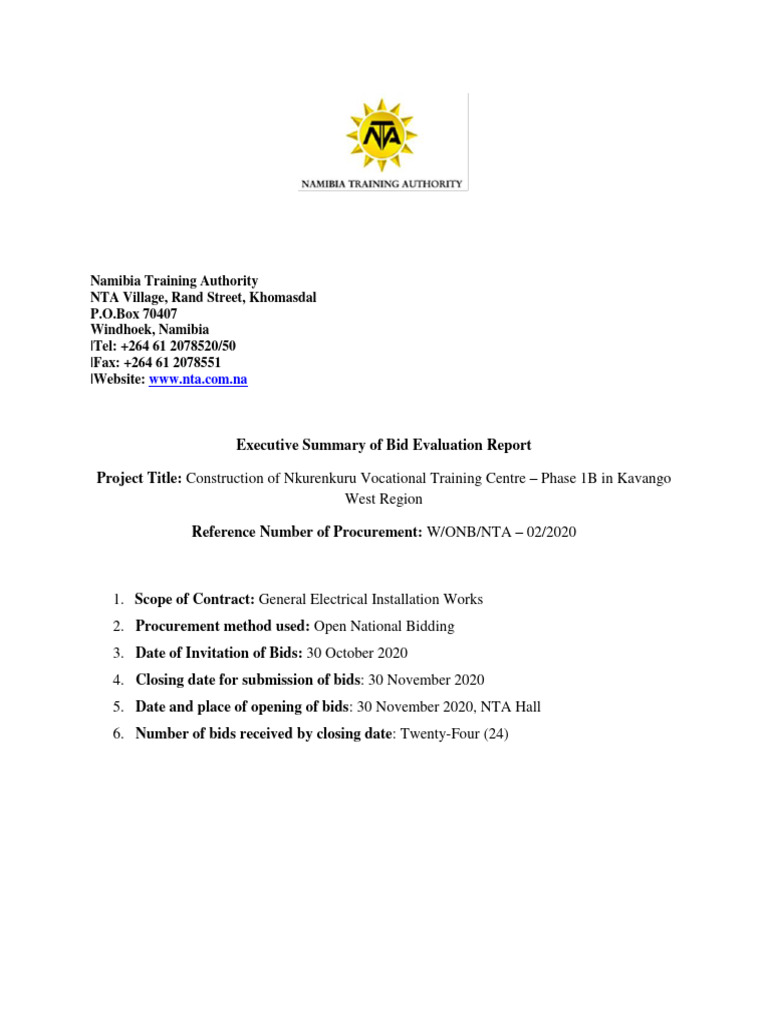 Nkurenkuru Vocational Centre Bid Report | PDF | Electrician | Economies