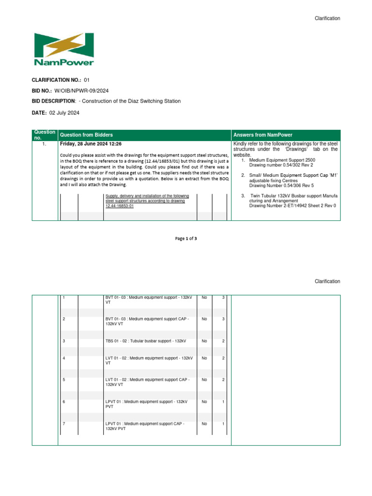 Clarification No. 01 - W-OIB-NPWR-09-2024 - Construction of Diaz Switching Station | PDF