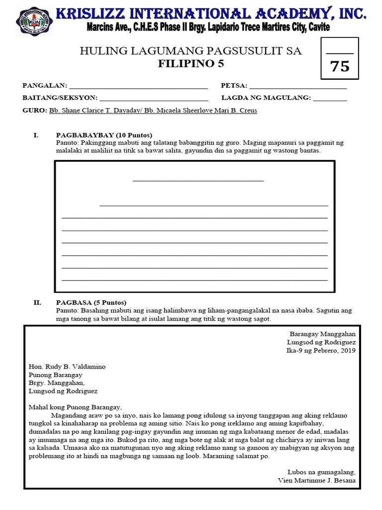 4th Grading Exam (Filipino 5) | PDF