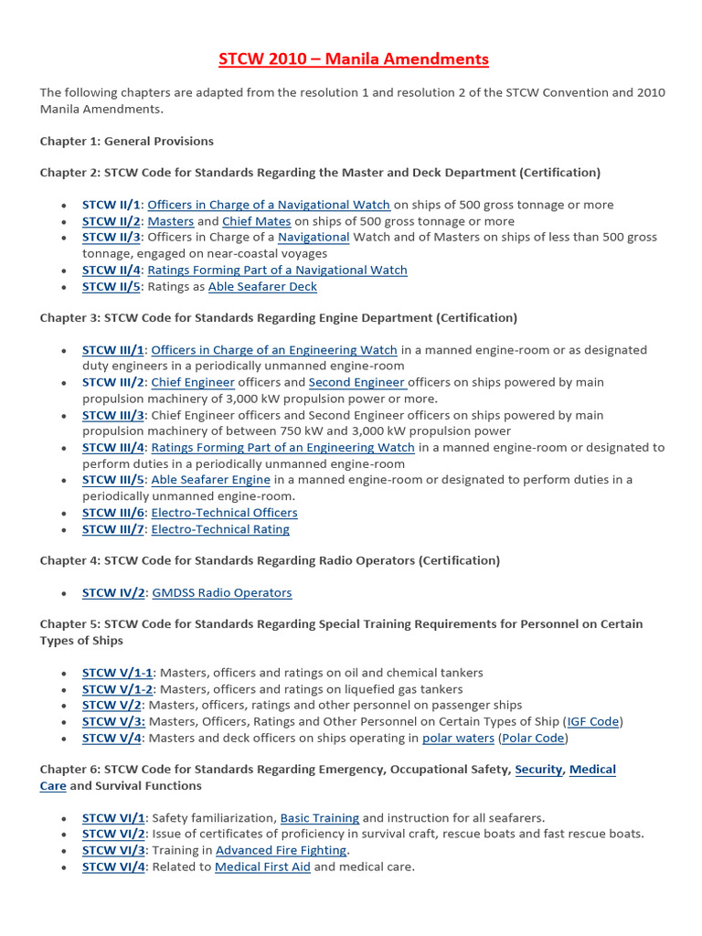 STCW 2010 - Chapters & Manila Amendments | PDF | Sailor | Shipping