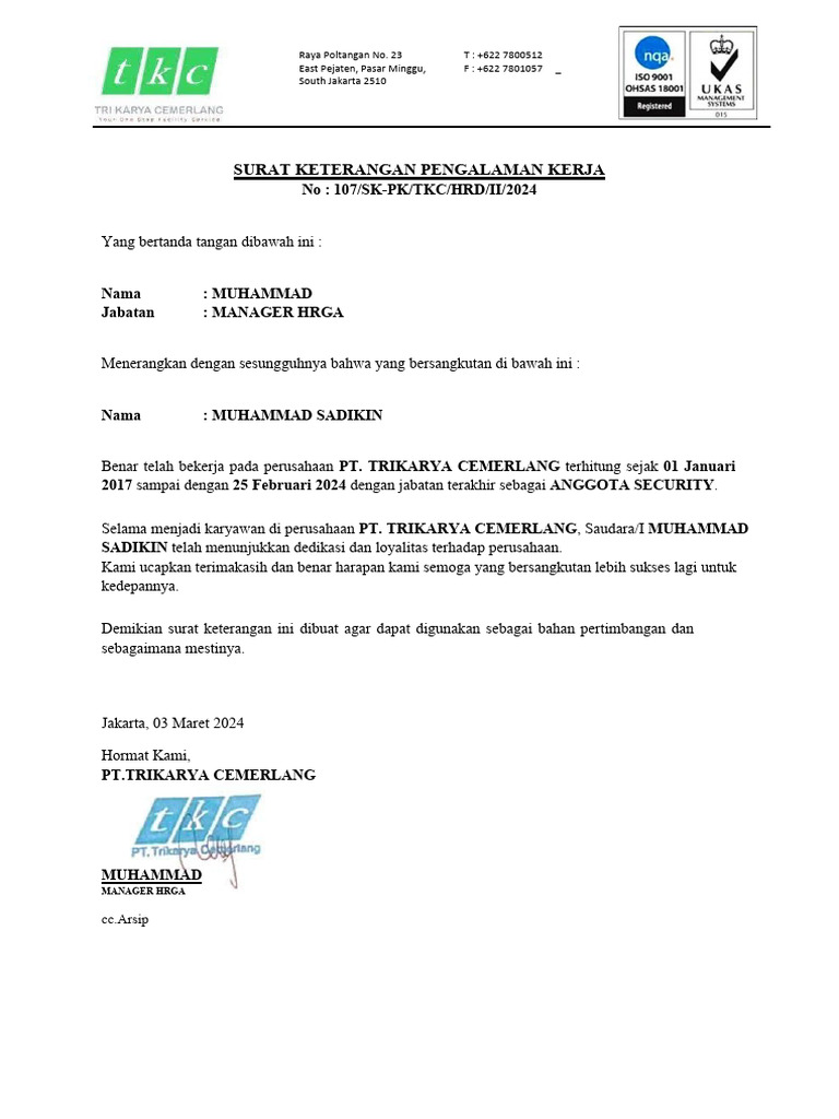 Paklaring TKC Sadikin | PDF