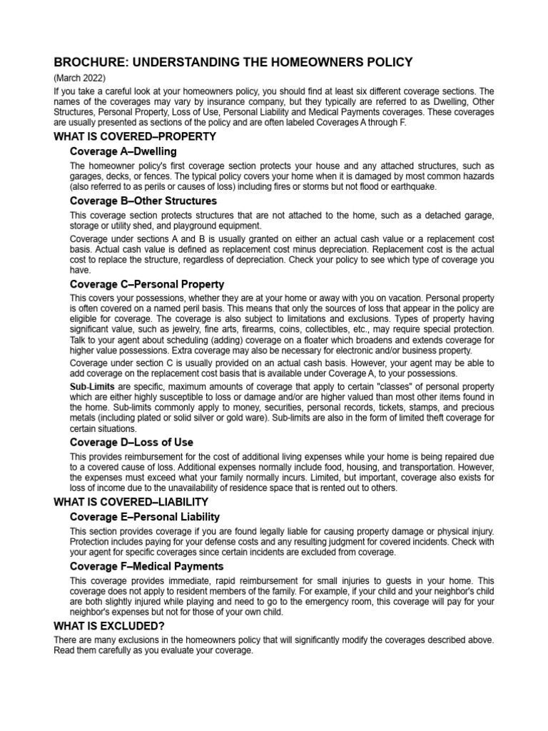 Brochure Understanding The Homeowners Policy | PDF | Home Insurance ...