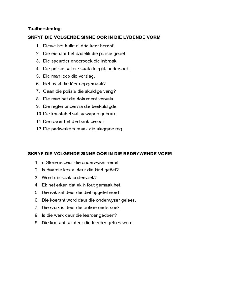 Afrikaans Lydende en Bedrywende Vorm Worksheet | PDF