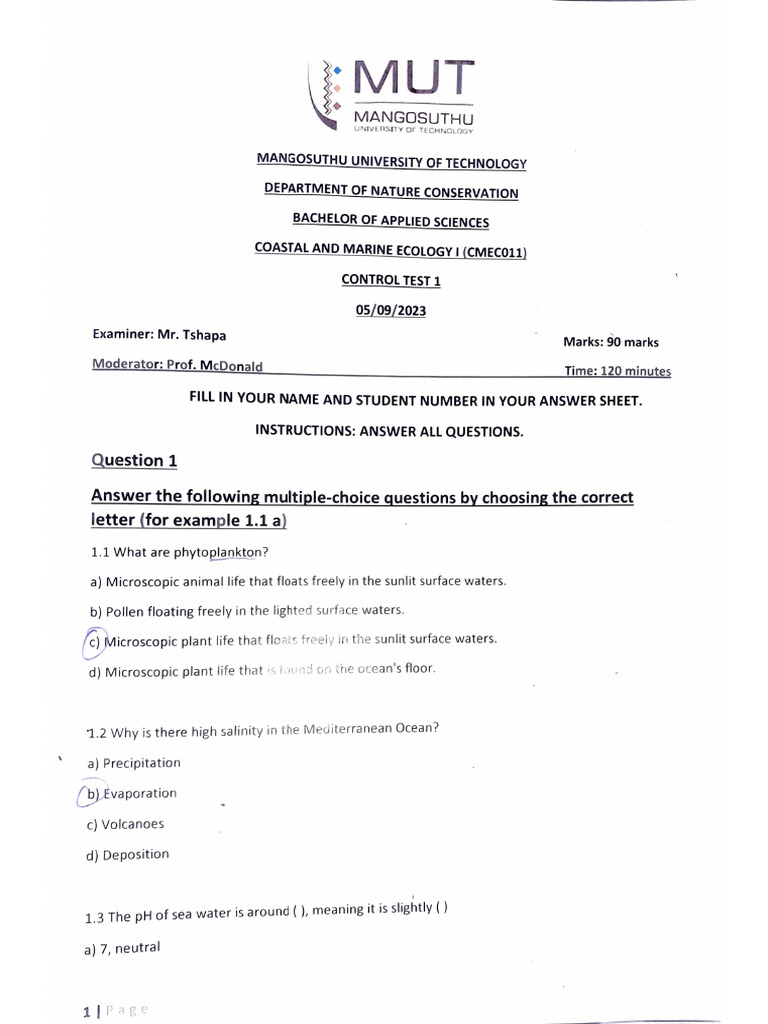 Coastal and Marine Ecology Test Questions | PDF | Oceans | Tide