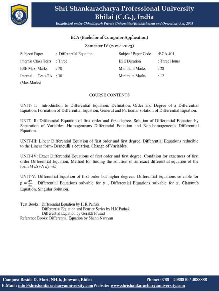 BCA Maths - 4 Sem (Differential Equation) Syllabus | PDF | Differential ...