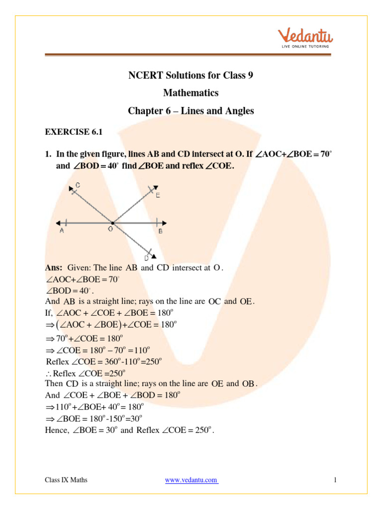 NCERT Solutions Class 9 Maths Exercise 6.1 Chapter 6 - Lines and Angles | PDF | Triangle ...