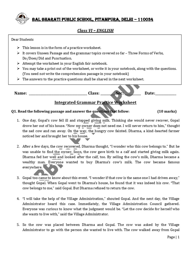 Integrated Grammar Practice Worksheet - 6 - English - 26th May | PDF ...