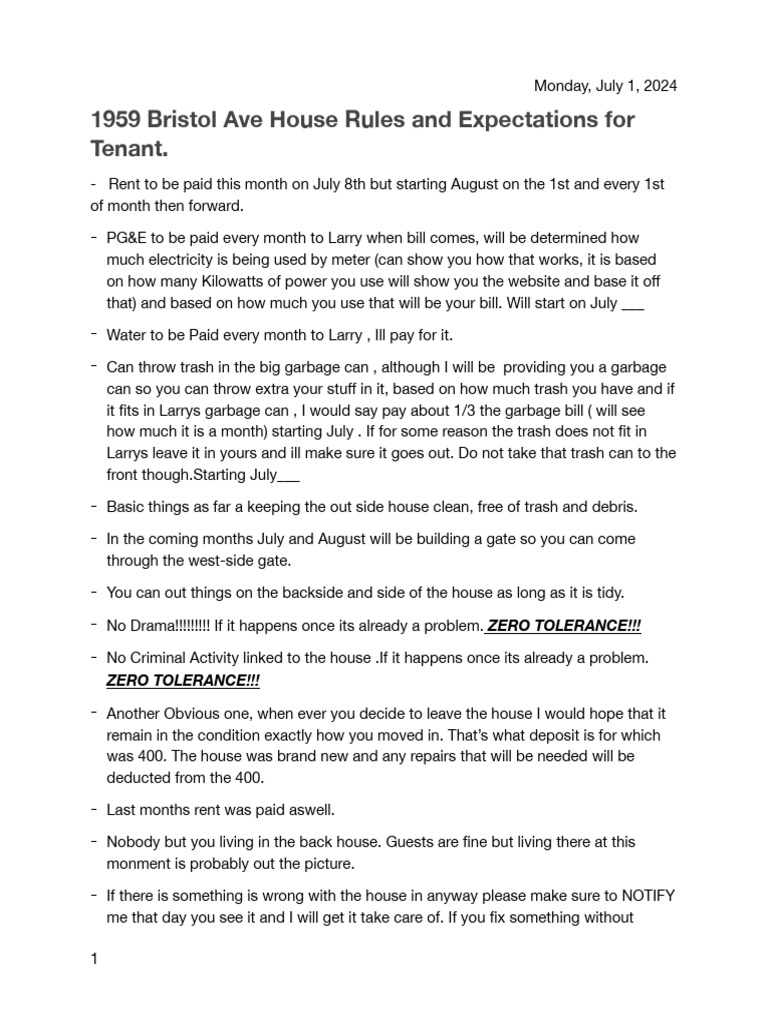 1959 Bristol Ave House Rules and Expectations For Tenant.: Zero ...