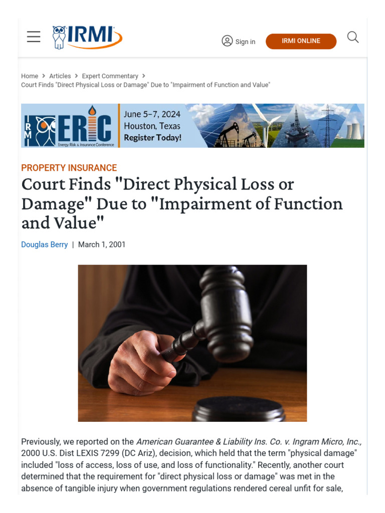 Court Finds - Direct Physical Loss or Damage - Due To - Impairment of ...