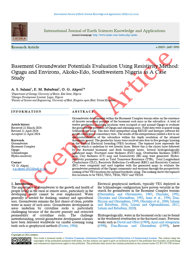 Basement Groundwater Potentials Evaluation Using Resistivity Method Pdf Hydrogeology