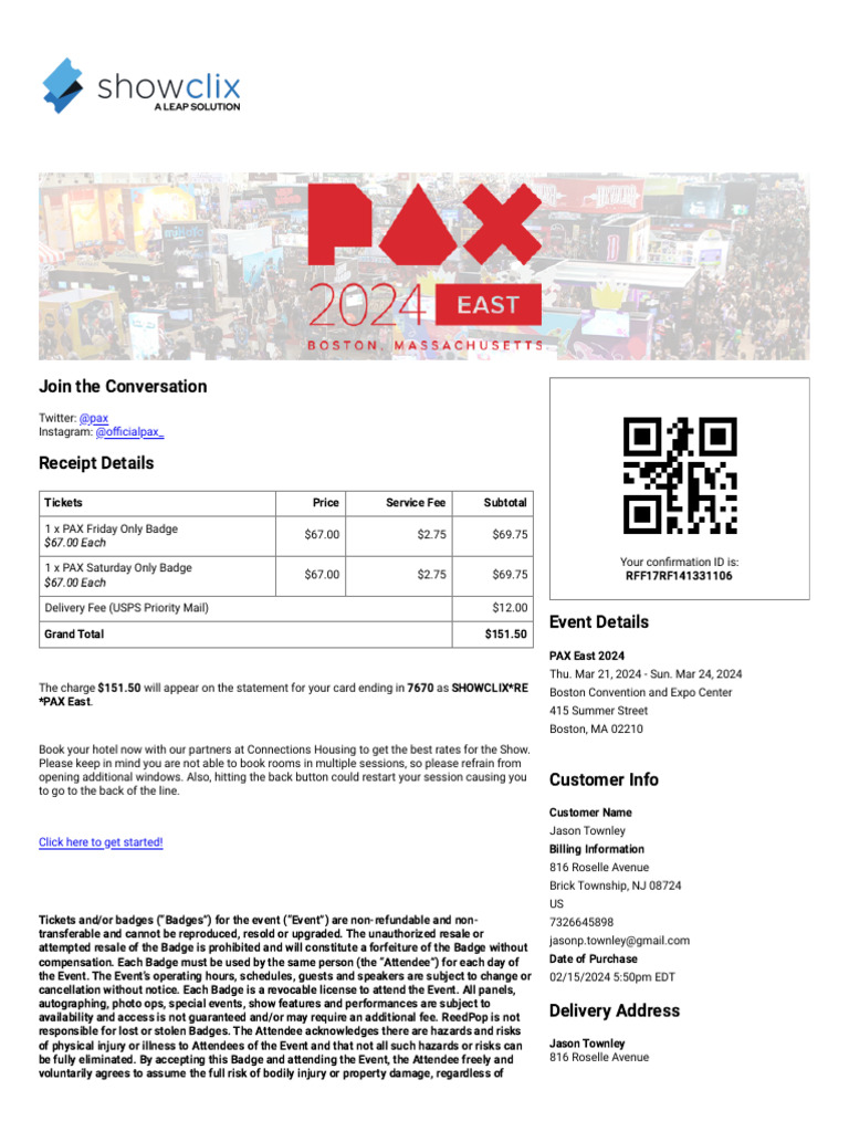 PAX East 2024 Ticket Confirmation | PDF