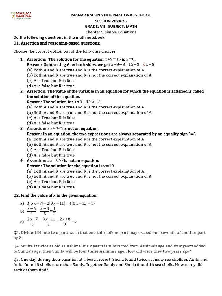 Grade 7 Assignment SimpleEquations 2 | PDF | Equations | Mathematical Objects
