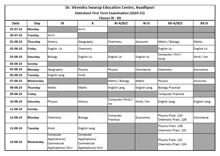 Class IX To XII Datesheet First Term Examination 2024-25 | PDF