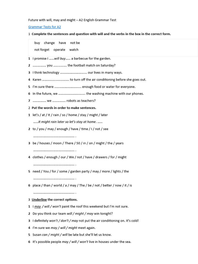 A2 Grammar Test: Future Tenses | PDF | Language Mechanics | Syntax