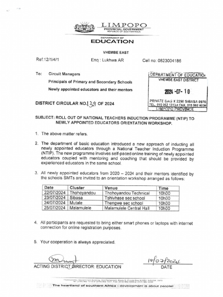 District Circular No 138 of 2024 Roll Out of National Teachers Induction Programme (Ntip) To ...