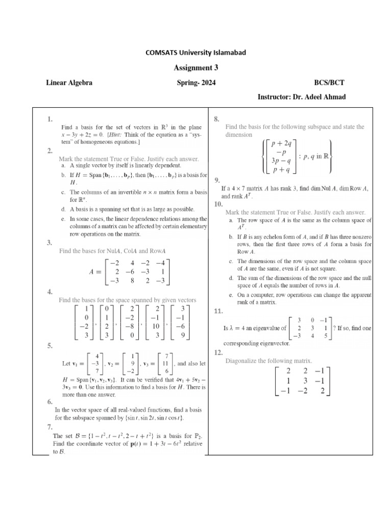 Linear Algebra Assignment Guide | PDF