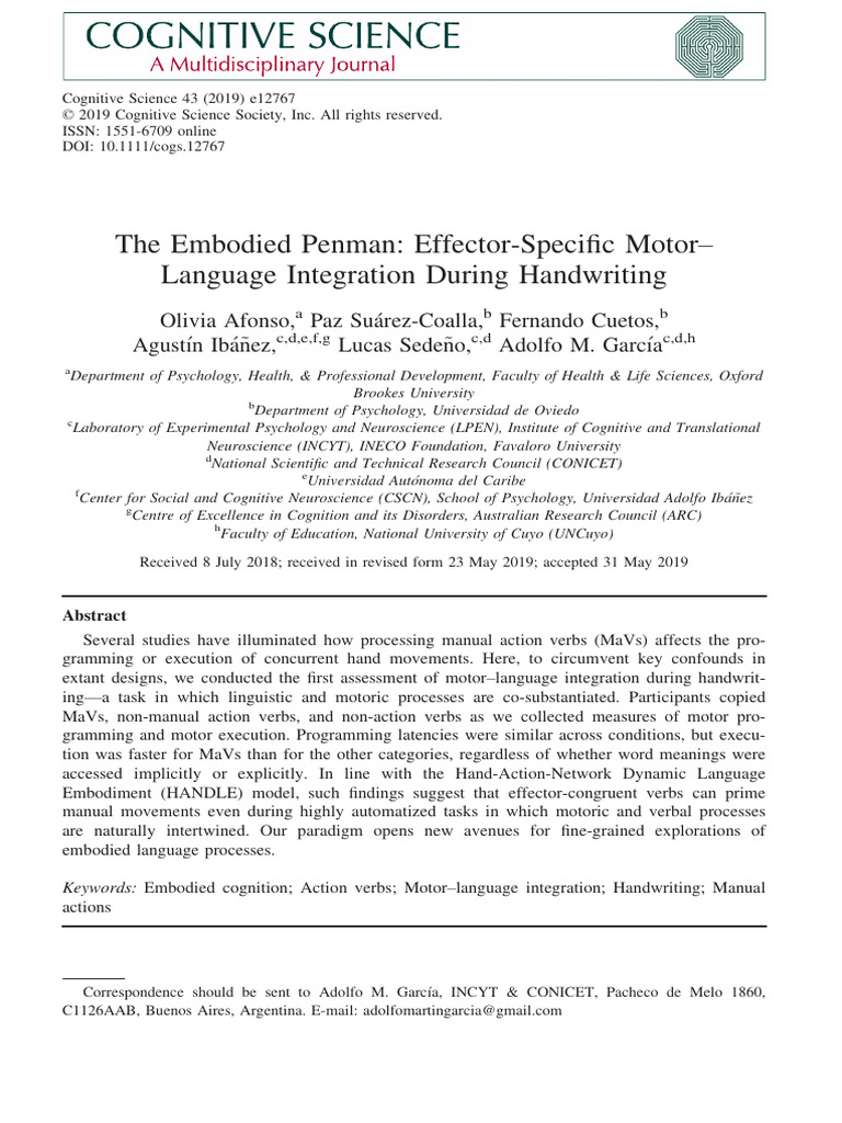 Afonsoetal 2019 Embodiedpenamn Cognitivescience | PDF | Embodied Cognition | Cognition