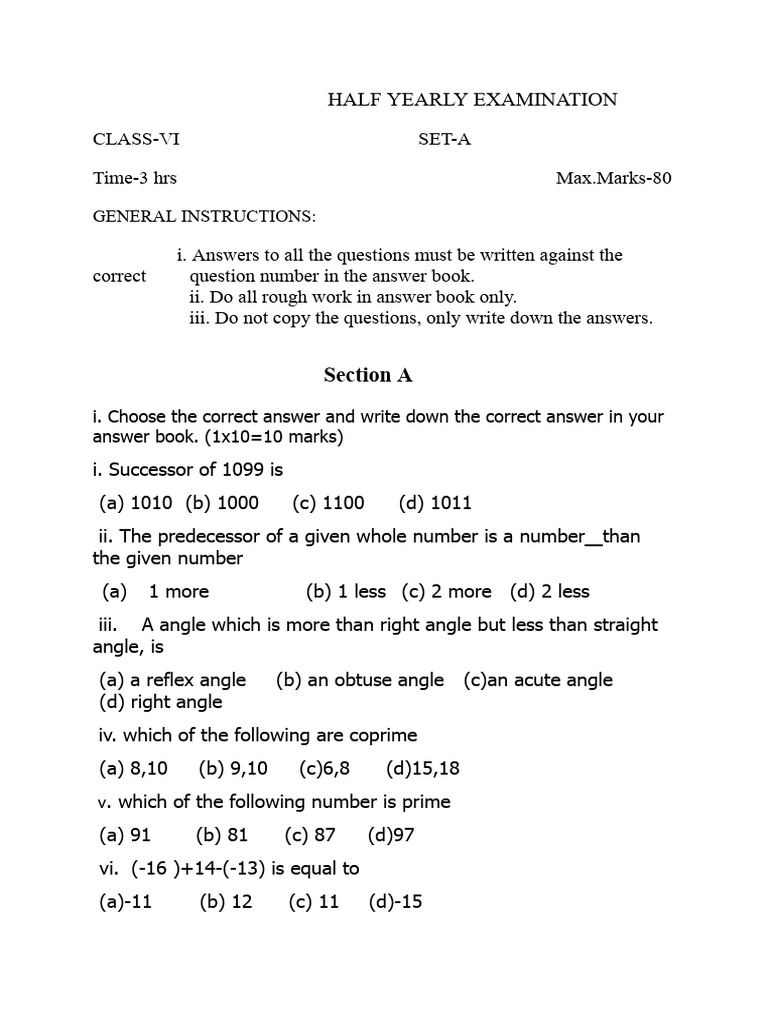 Half Yearly Examination | PDF | Numbers | Triangle Half Yearly Examination | PDF | Numbers | Triangle