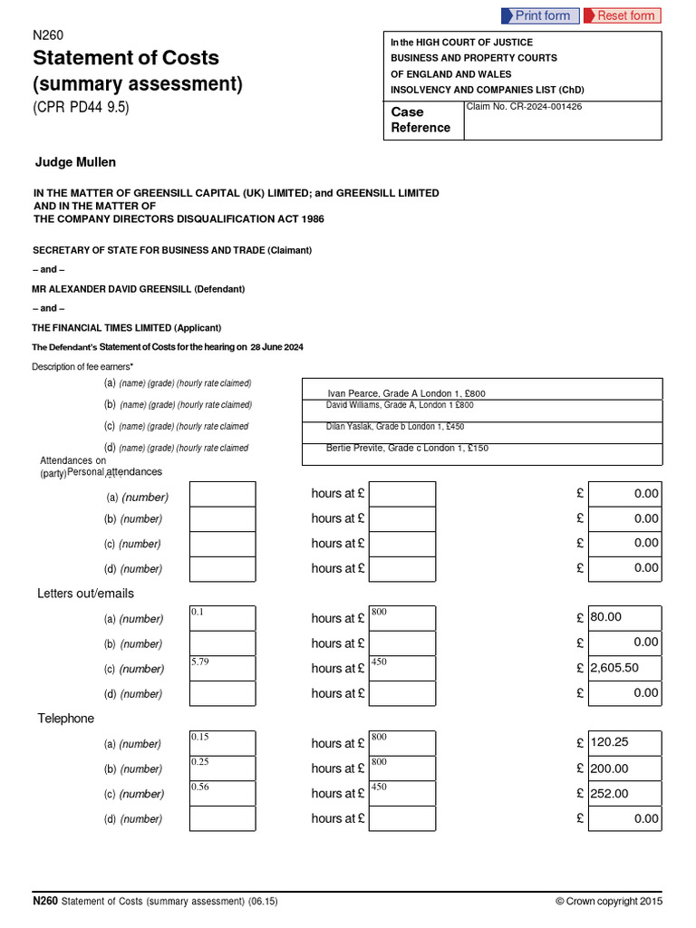 Statement of Costs Alexander David Greensill Statement of Costs (CR ...