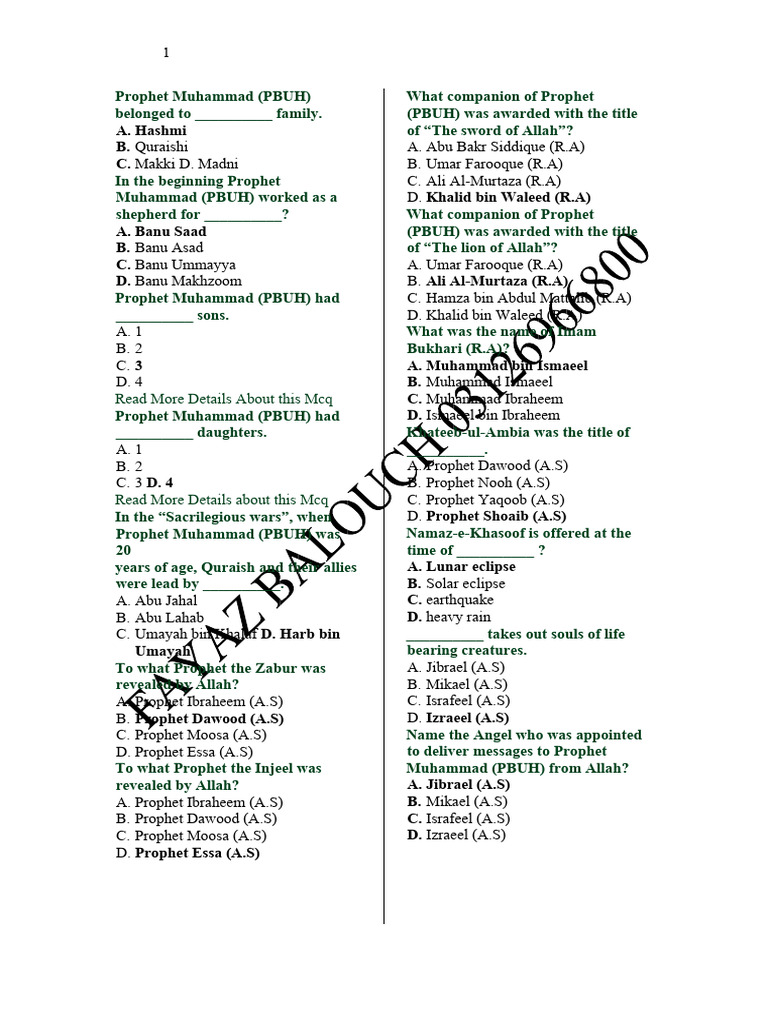 Islamic Studies Mcqs | PDF | Muhammad | Umar
