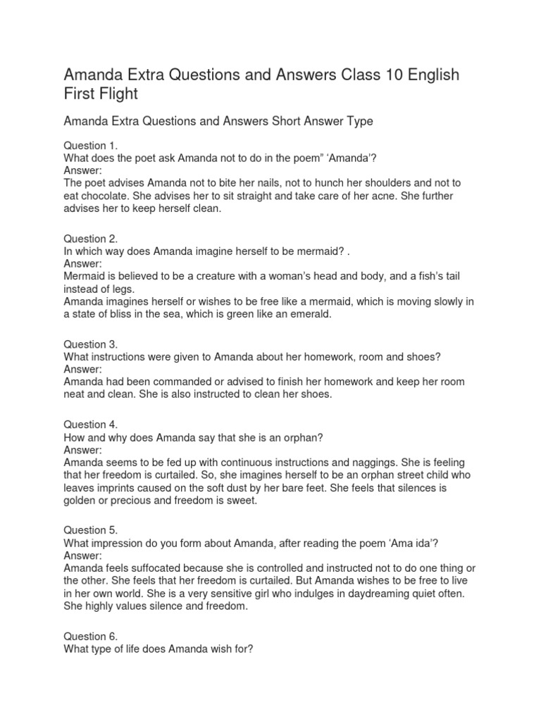Amanda Extra Questions and Answers Class 10 English First Flight | PDF ...