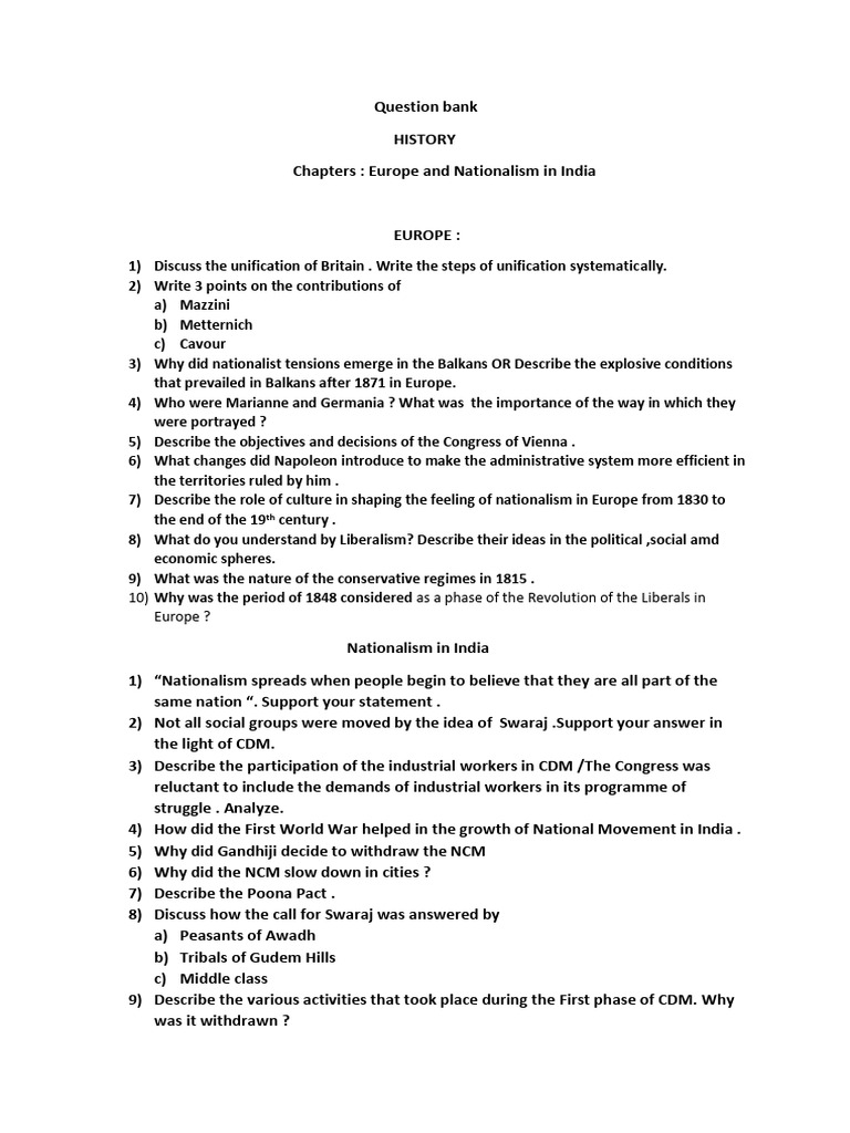 Class X - Mid Term History-Question Bank | PDF