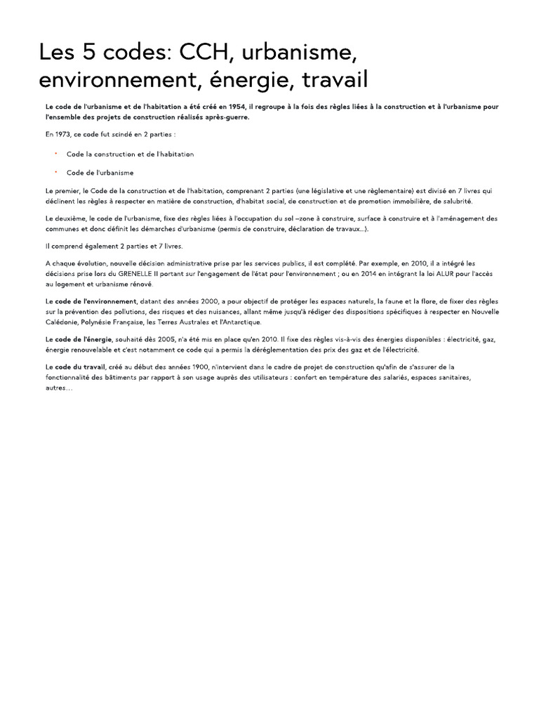 Les 5 Codes - CCH, Urbanisme, Environnement, Énergie, Travail | PDF