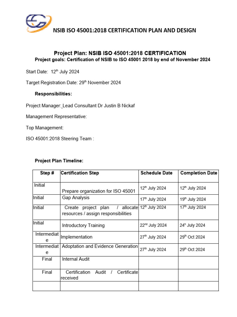 Nsib Plan and Design of Certification To Iso 45001 2018 | PDF ...