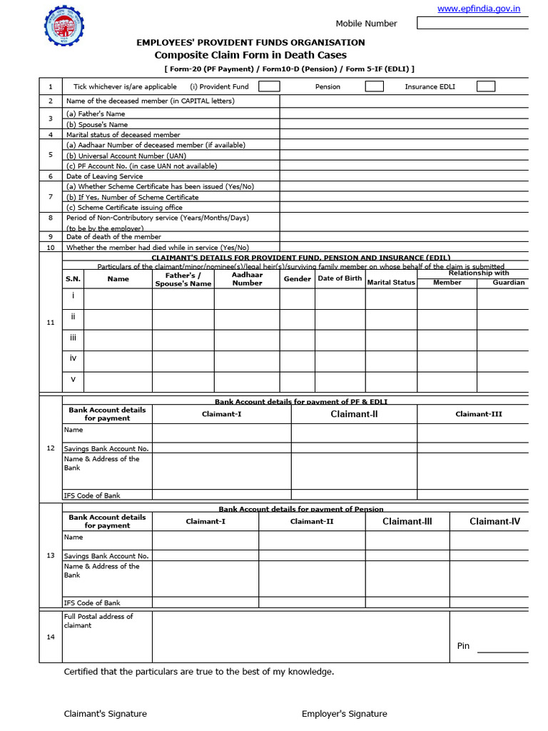 PF Death Case Composite Claim Form No 20,10D & 5IF | PDF | Personal ...