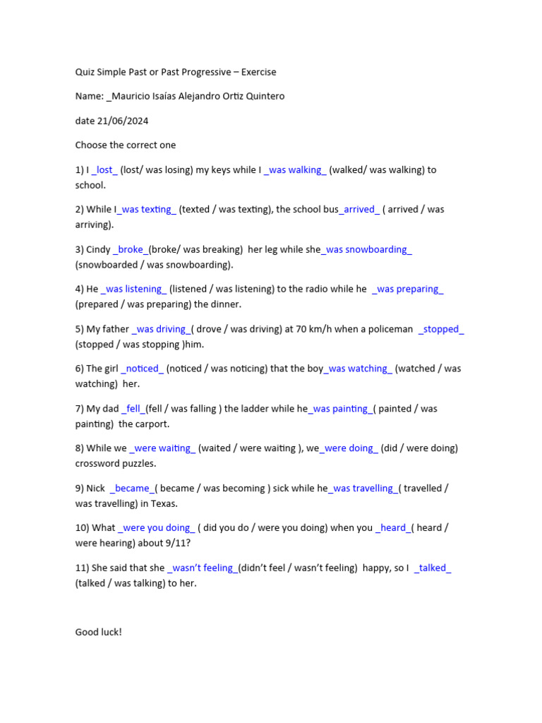 Simple Past or Past Progressive | PDF | Language Arts & Discipline