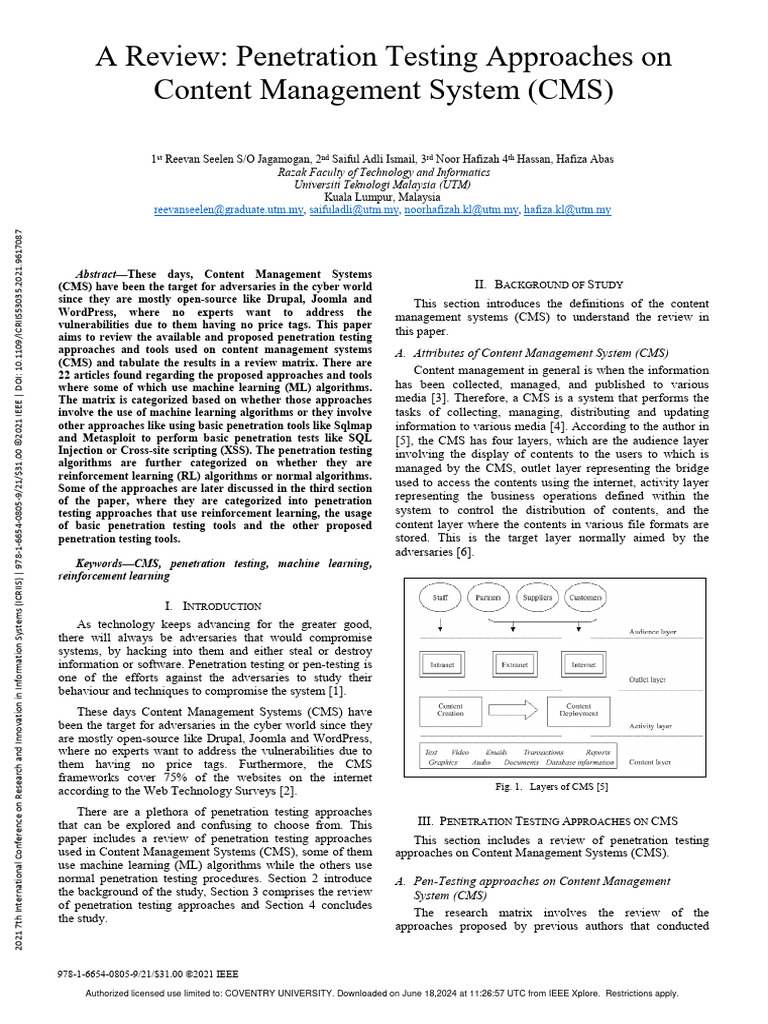 A Review Penetration Testing Approaches On Content Management System