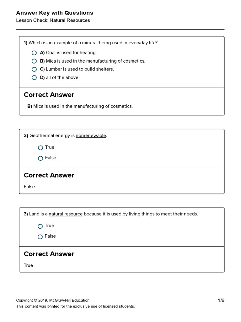 Natural Resources Lesson Check Answers | PDF | Nature | Natural Environment