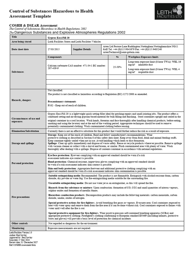 Gyproc Easi-Fill 20 COSHH Assessment Form 2024 | PDF | Personal ...