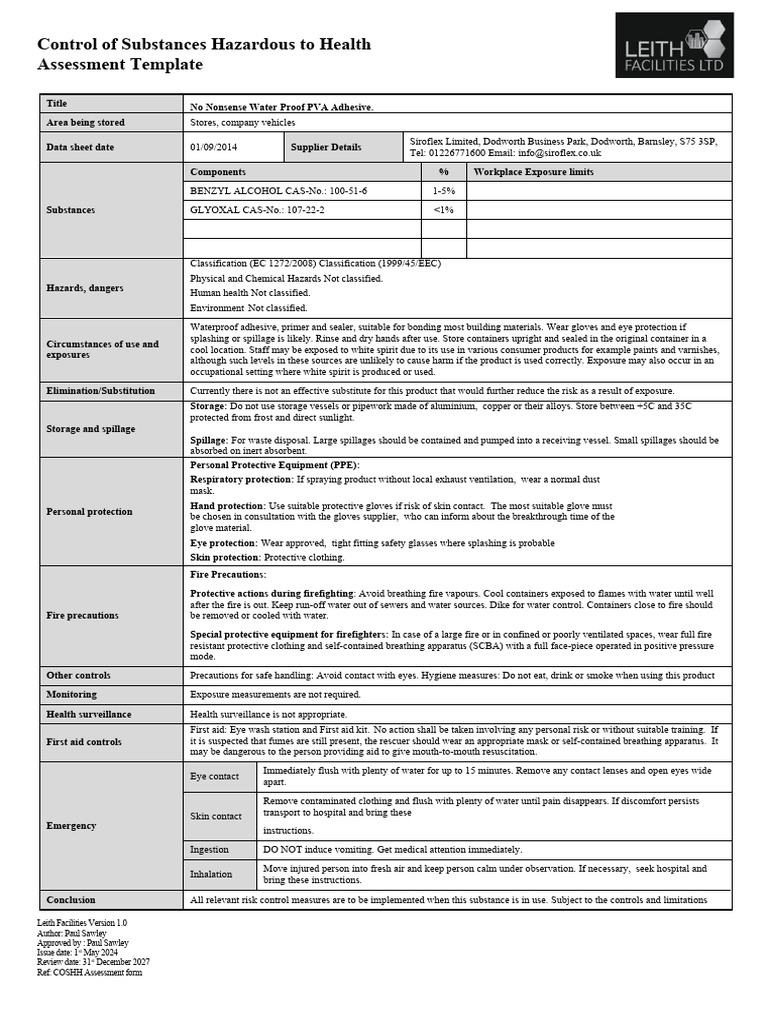 No Nonsense Water Proof PVA Adhesive COSHH Assessment Form 2024 | PDF ...