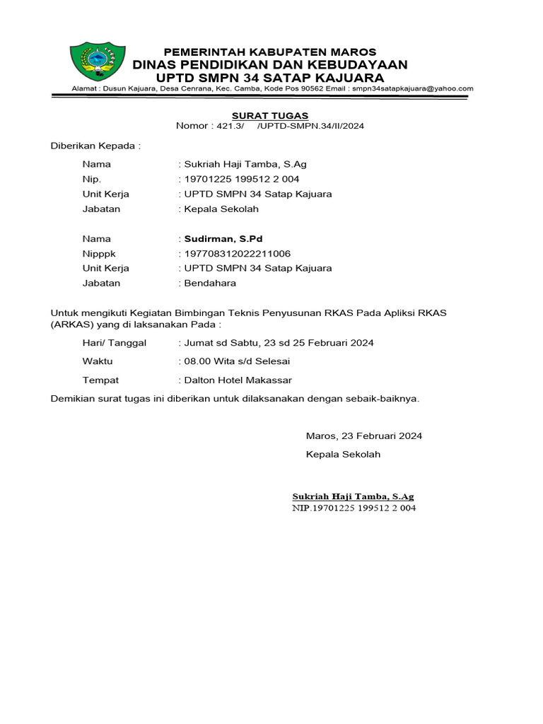 Surat Tugas Penyusunan RKAS 2024 | PDF