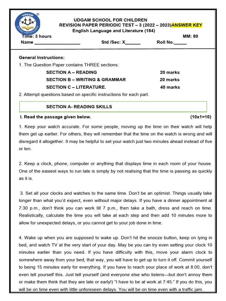 Bulletins-o7i12eizoQ4C-PT 3 Eng Revision Paper Answer Key-Class X | PDF
