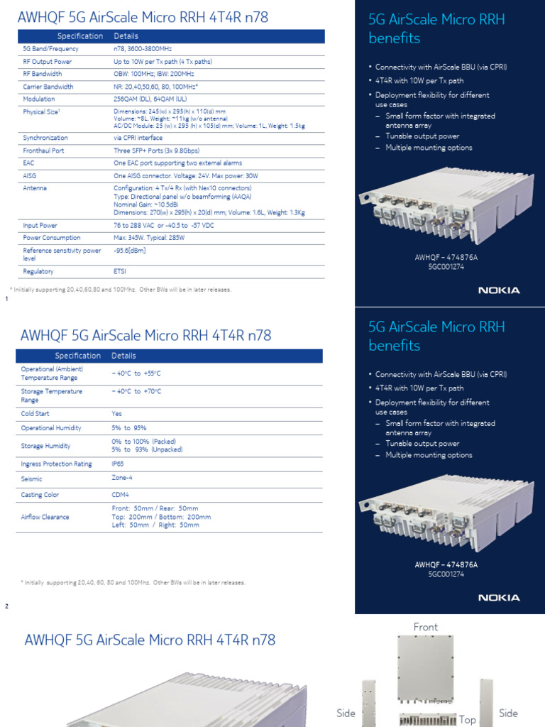 AWHQF 5G Micro RRH n78 40W Spec Sheet.V1.1 | PDF | Information And ...