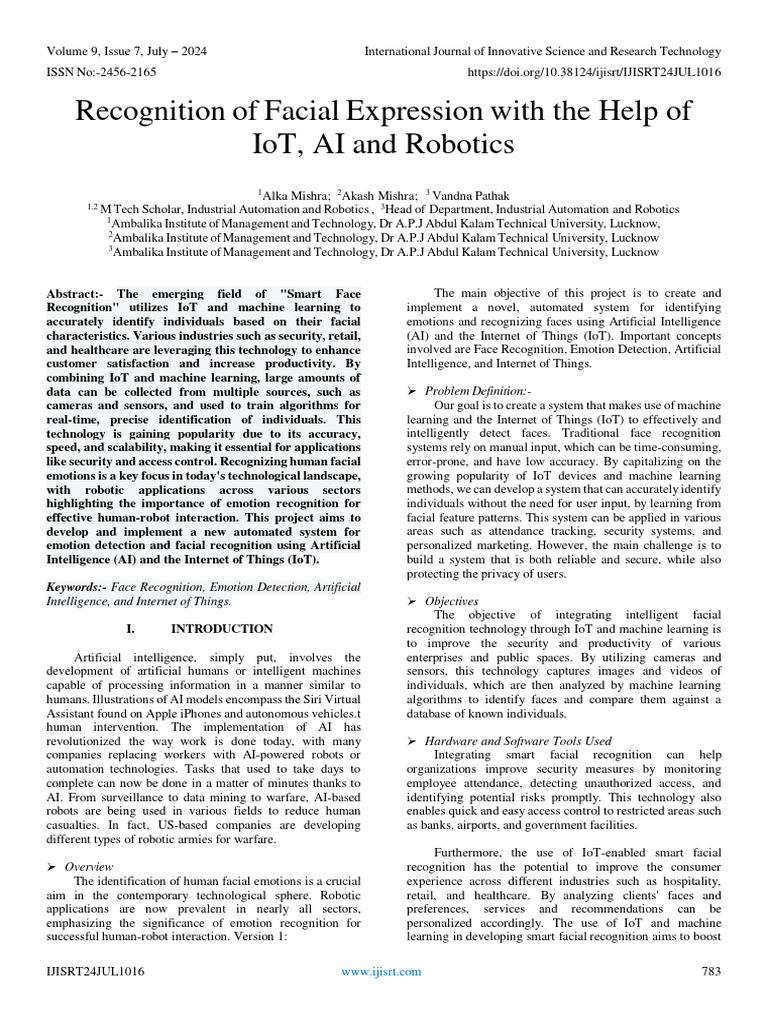 Recognition of Facial Expression With The Help of IoT, AI and Robotics ...