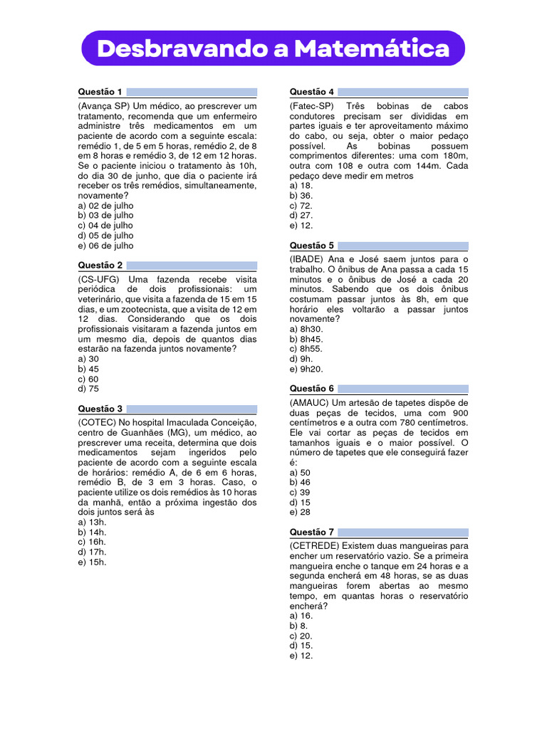 Lista de Exercícios MDC e MMC | PDF | Tempo