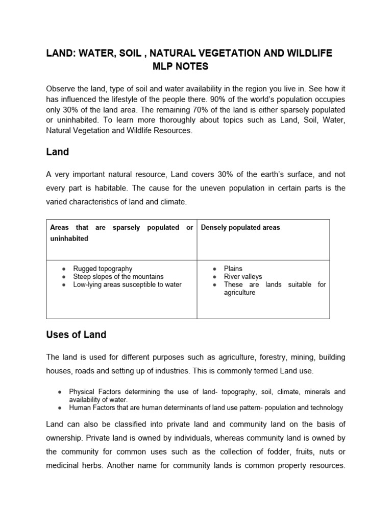 Notes-Land - Water, Soil, Natural Vegetation and Wildlife | PDF | Soil ...